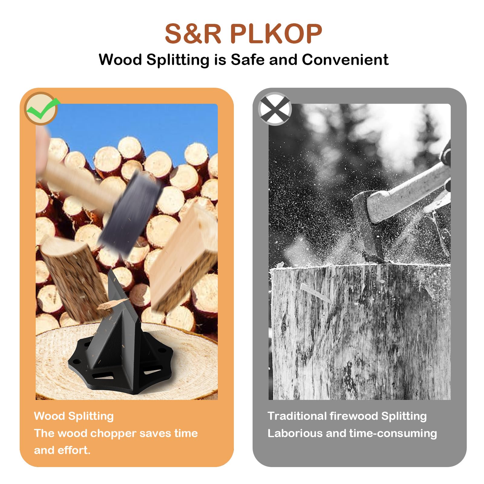 S&R PLKOP Wood Splitter,Portable Kindling Log Splitting Tool with Wedge, Manual Log Splitter Firewood Cutter, Splits Firewood Safely and Easily (Small)
