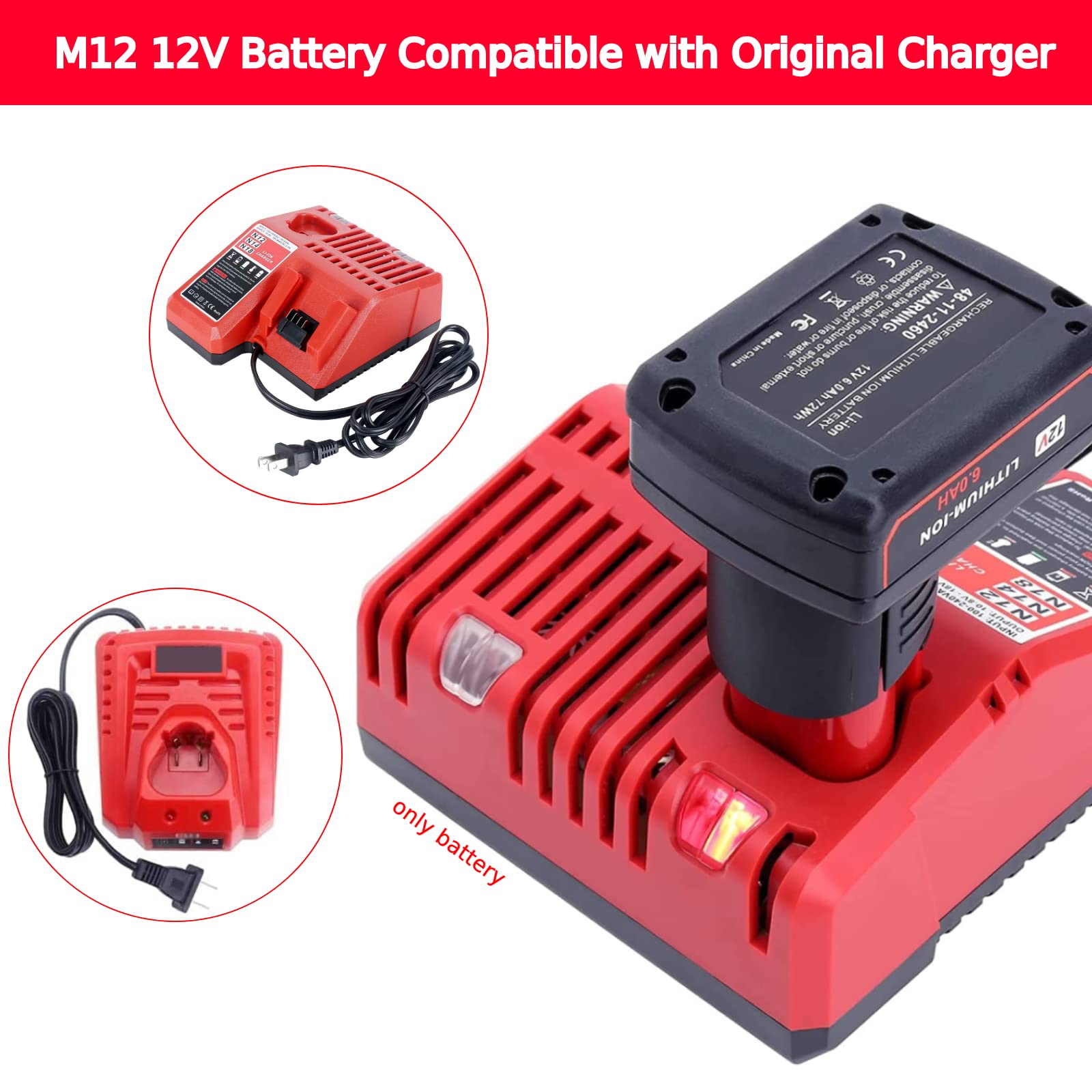 Epowon 2 Packs 3000mAh Replacement 48-11-2420 M12 Lithium-ion Battery for Milwaukee 12V Battery 48-11-2401 48-11-2440 48-11-2411 XC Cordless Power Tools