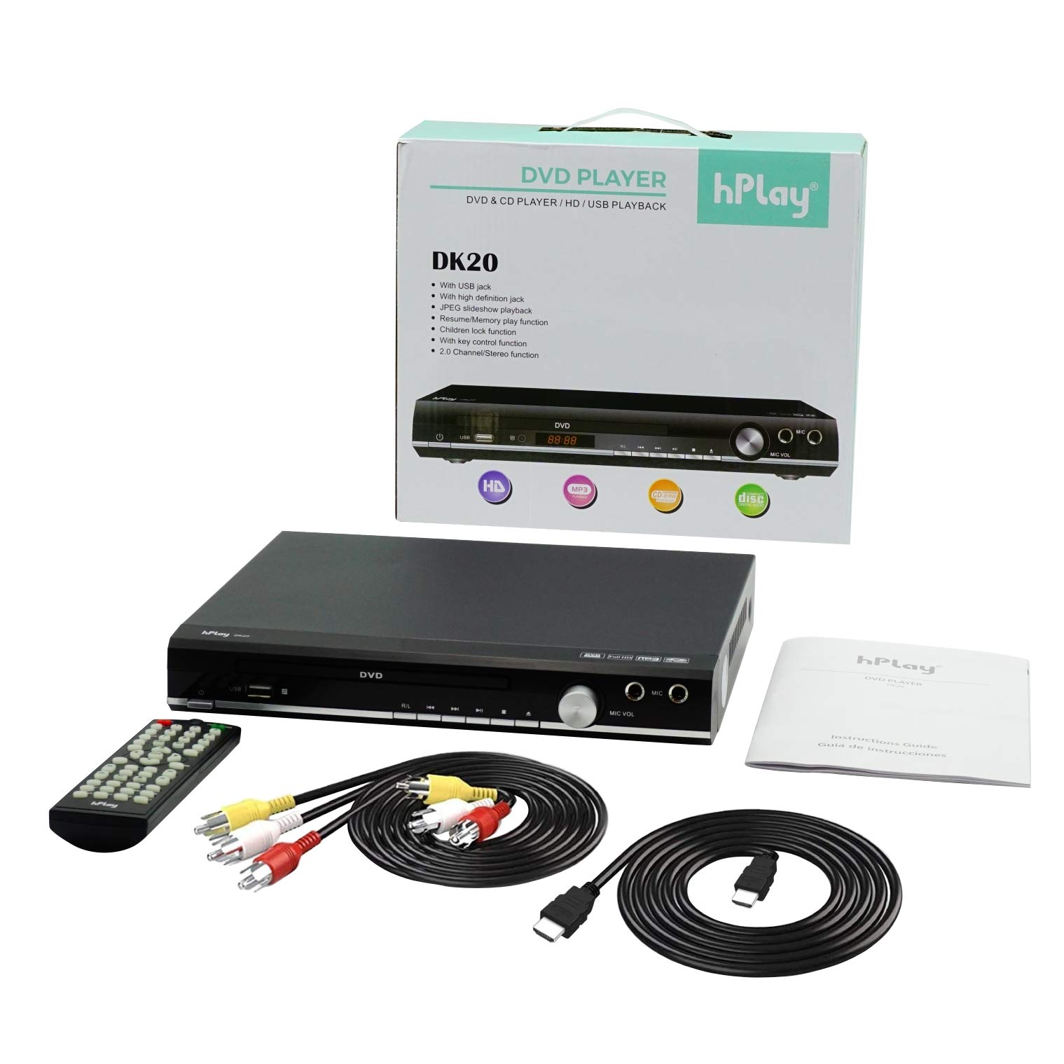 hPlay D20K Upconvert to 1080P DVD, CD Multimedia Player, Region Free, HDMI and RCA Output, USB Port, 2 Microphone Input with Microphone Volume Control (Microphone NOT Included), Top Metal Casing