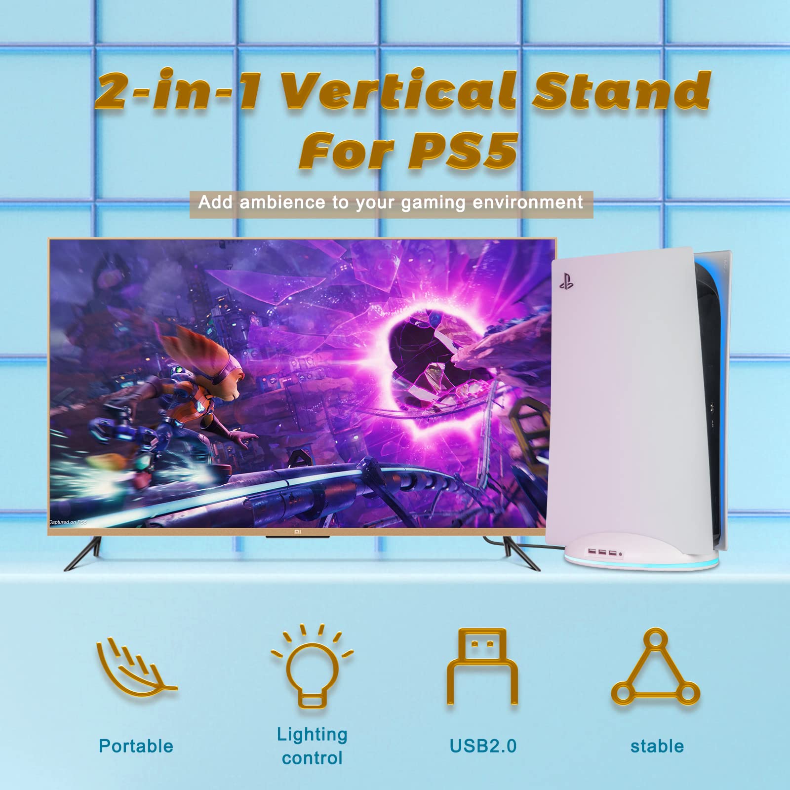 Iesooy for PS5 Stand - RGB LED Light - Vertical Holder Stand Accessory for PS5, Compatible with PlayStation 5 Digital Editions & Disc Editions - White