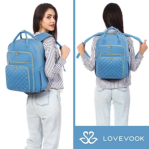 LOVEVOOK Laptop Backpack for Women, 15.6 Inch Computer Backpack for Teacher Nurse with Water Resistant, Lightweight Travel Work Backpack with USB Charging Port, Quilted Commuter Backpack, Angel Blue