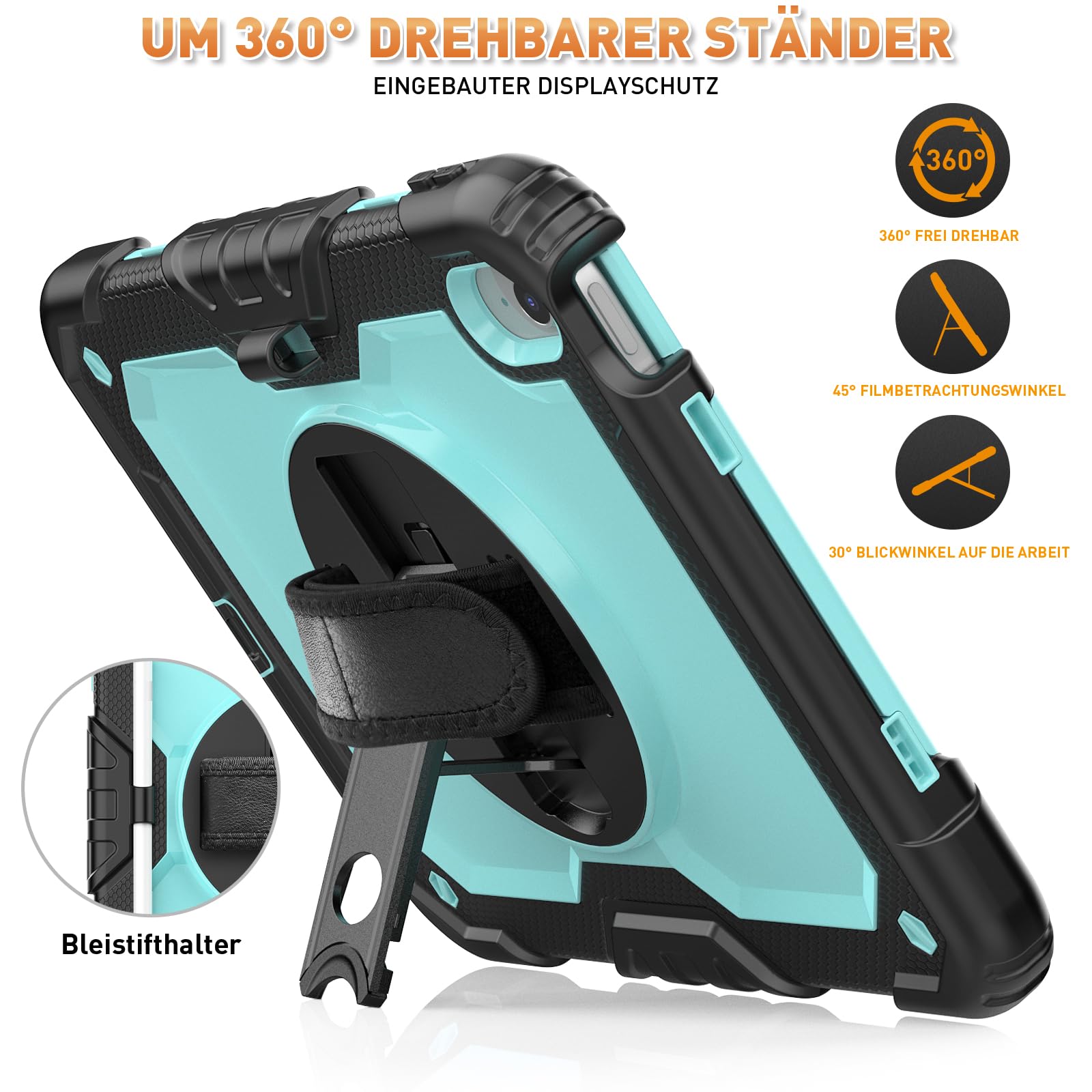 KEYCAUP Case for iPad 10th Generation 10.9 inch, Case for iPad 10 Gen: with Strong Protection, Screen Protector, Hand Strap, Shoulder Strap, 360° Rotating Stand, Pencil Holder - Black