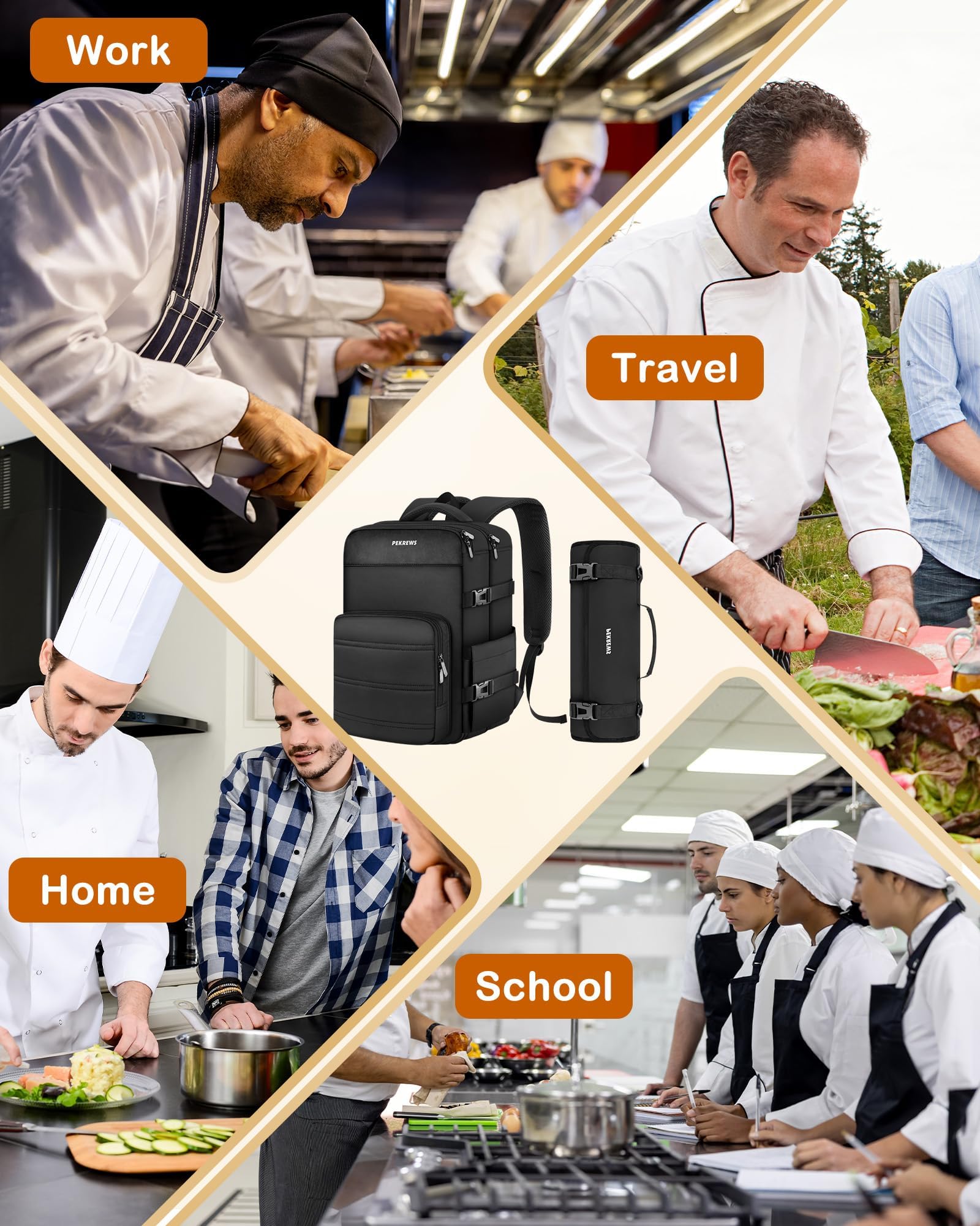 PEKREWS Chef Backpack with Knife Roll Bag, 40+ Slots Pockets for Knives Laptop and Kitchen Utensils Storage, Water-resistant Professional Chef Knife Case Gifts for Men and Women, Black