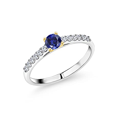 Gem Stone King 925 Sterling Silver Ring with 10K Yellow Gold Prongs Round Blue Created Sapphire and Moissanite (0.43 Cttw) (Size 9)
