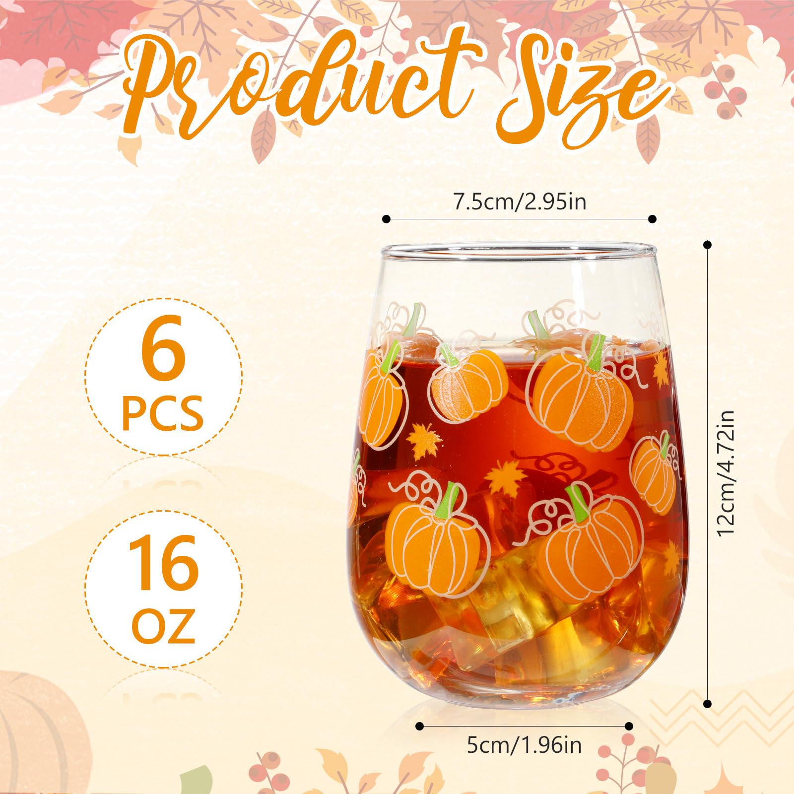 Maxcheck 6 Pack 18 oz Stemless Wine Glasses Red and White Wine Glass Set Clear Drinking Tumbler for Homes and Bars for Party Gift(Pumpkin)