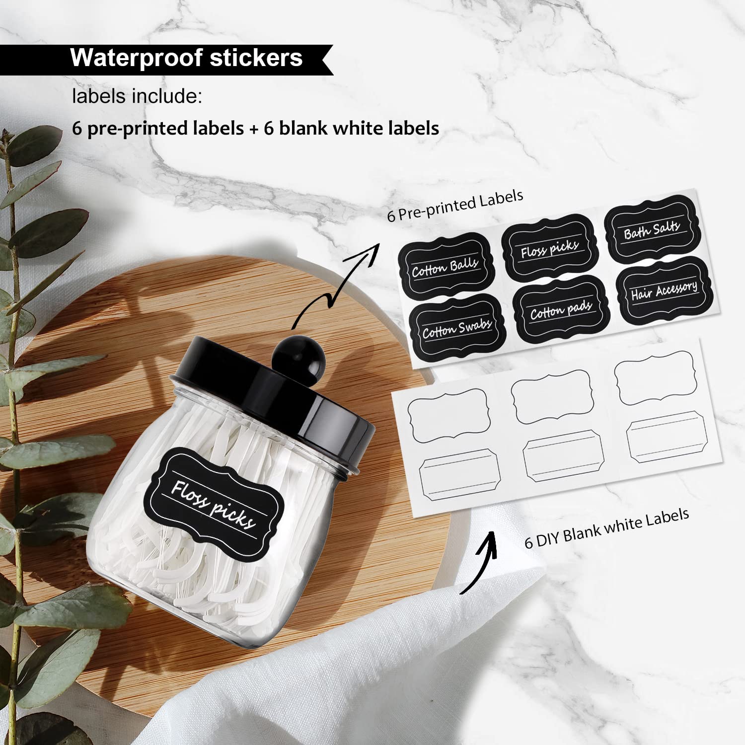 Farmhouse Decor Apothecary Jar Set,Mason Jar Bathroom Vanity Storage Organizer Canister - Qtip Holder Plastic Acrylic Jar for Cotton Swabs,Cotton Pads,Floss Picks,Paper Clips,Hair Clips(4 Pack,Black)