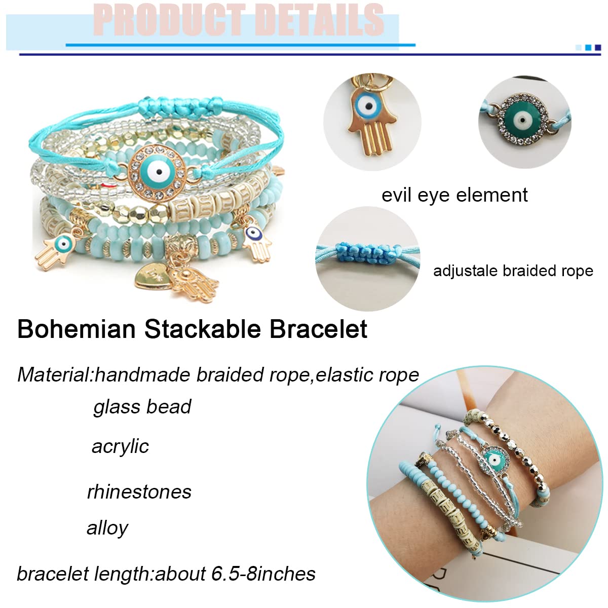 FINZOR 8 Sets Bohemian Bracelets for Women Stretch Multilayer Colorful Beads Bracelet with Charm Jewelry