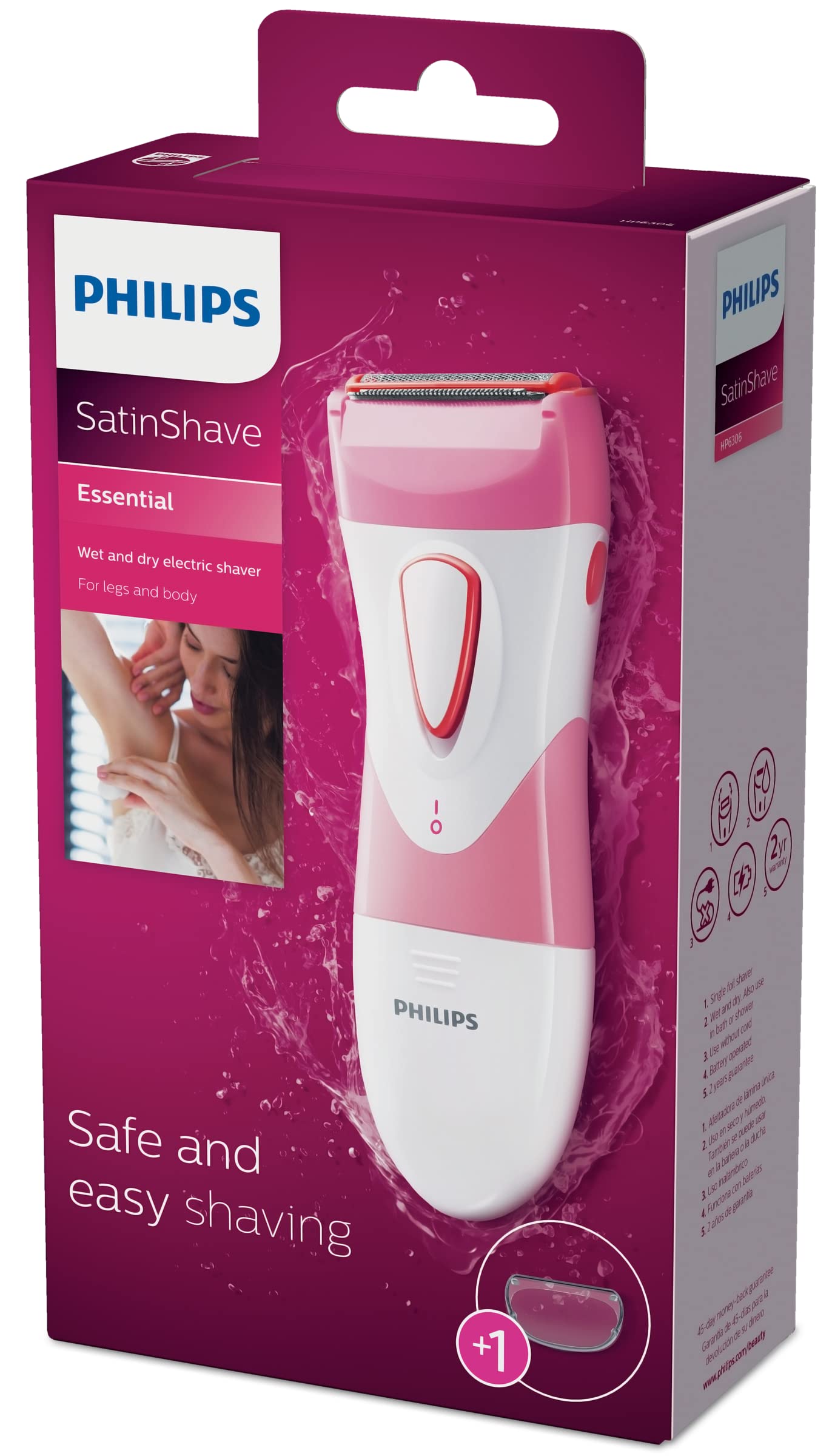 Philips Beauty SatinShave Essential Women's Wet & Dry Electric Shaver for Legs, Cordless, Pink and White, HP6306/50