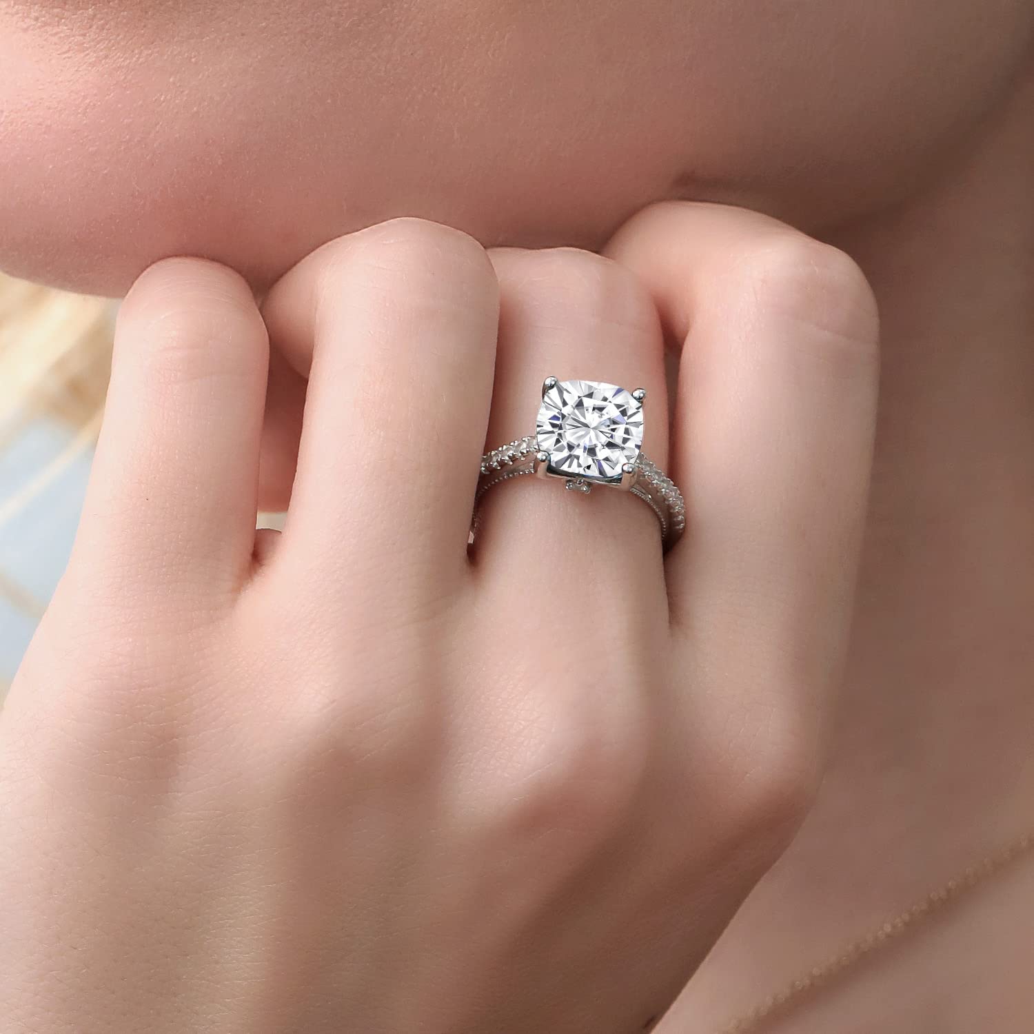 Gem Stone King 925 Sterling Silver White Created Sapphire and White Moissanite Engagement Ring For Women (5.27 Cttw, Available In Size 5, 6, 7, 8, 9)