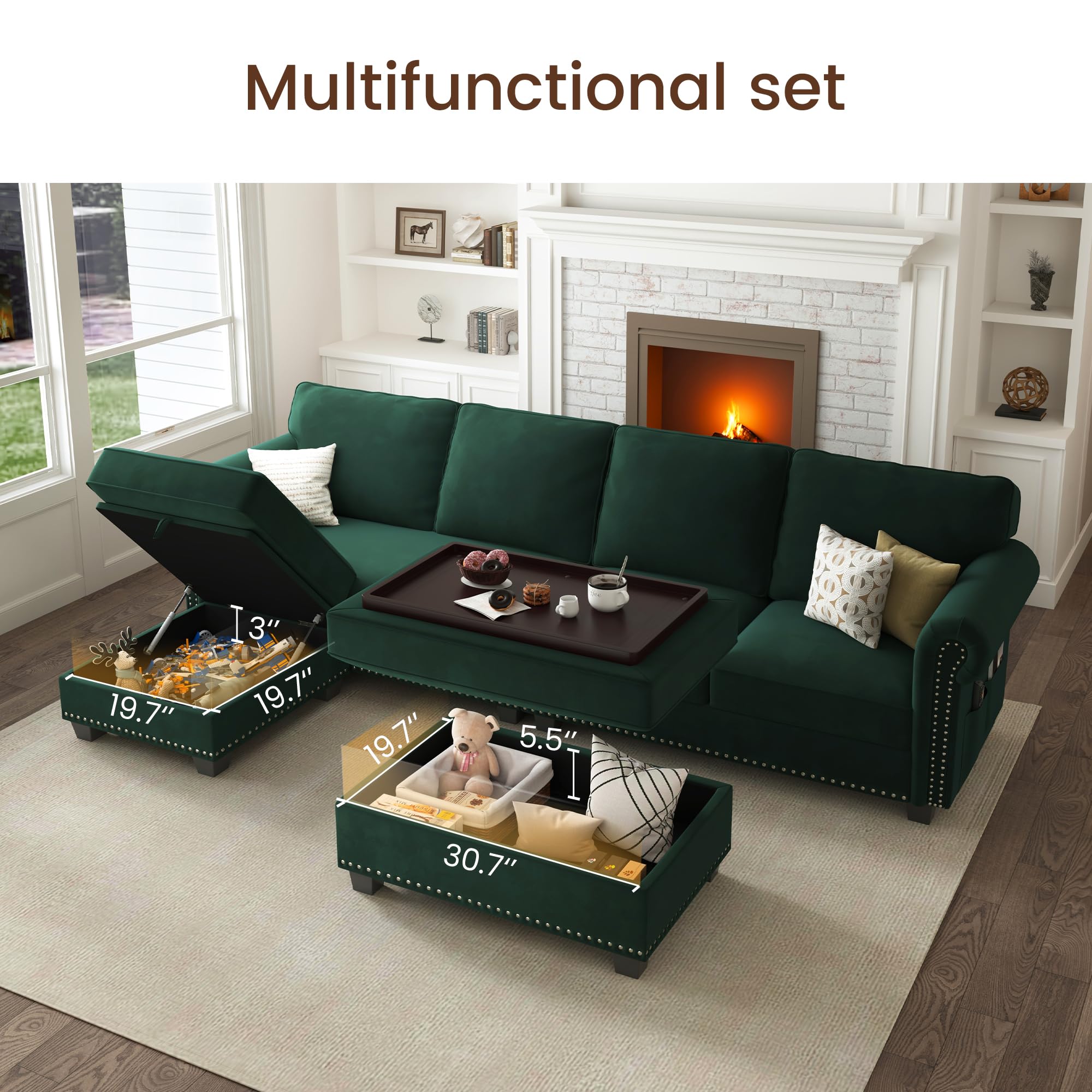 Nolany Velvet Sectional Sofa Set, L Shaped Sectional Couch with Storage Tray Ottoman Convertible 4 Seater Sofa Couch for Living Room, Dark Blue