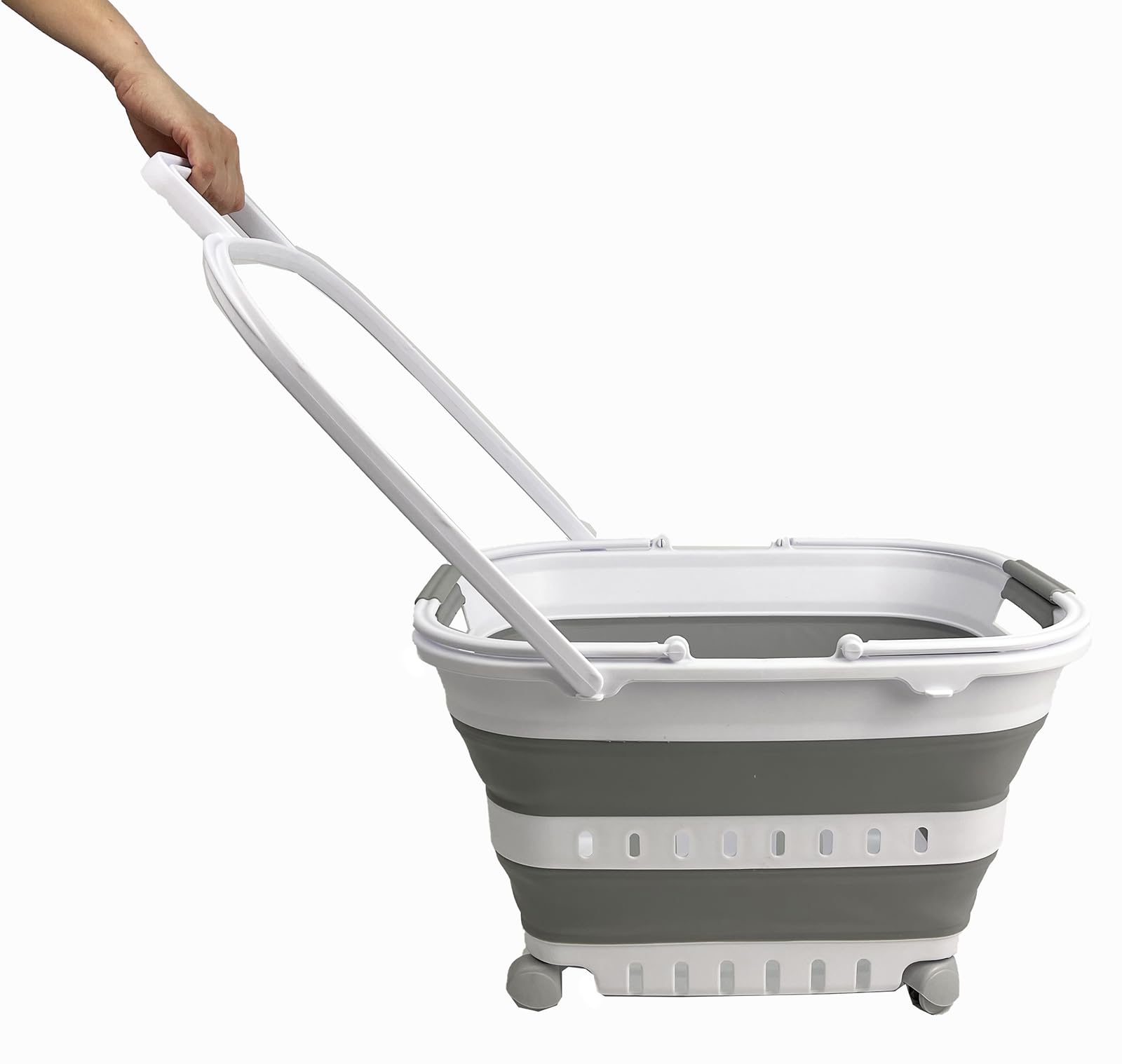 SAMMART 35L (9.24 Gallons) Collapsible Plastic Laundry Basket with Handle and Wheels - Foldable Pop Up Storage Container/Organizer with handle and wheels - Space Saving (1, White/Grey)