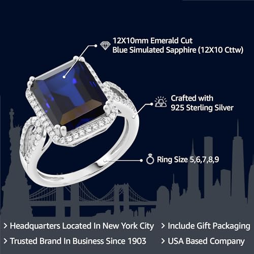Gem Stone King 5.00 Cttw Blue Simulated Sapphire Ring For Women In 925 Sterling Silver | 12X10MM Emerald Cut | Available In Size 5, 6, 7, 8, 9