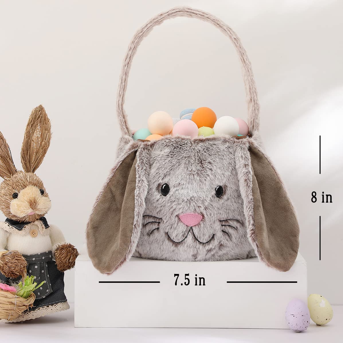 Large Easter Basket for Kids, Soft Plush Easter Basket for Girls Boys Baby, Easter Basket for Boys, Cute Giant Easter Basket, Gray Buckets Bunny Easter Egg Basket, Empty Easter Basket with Handle