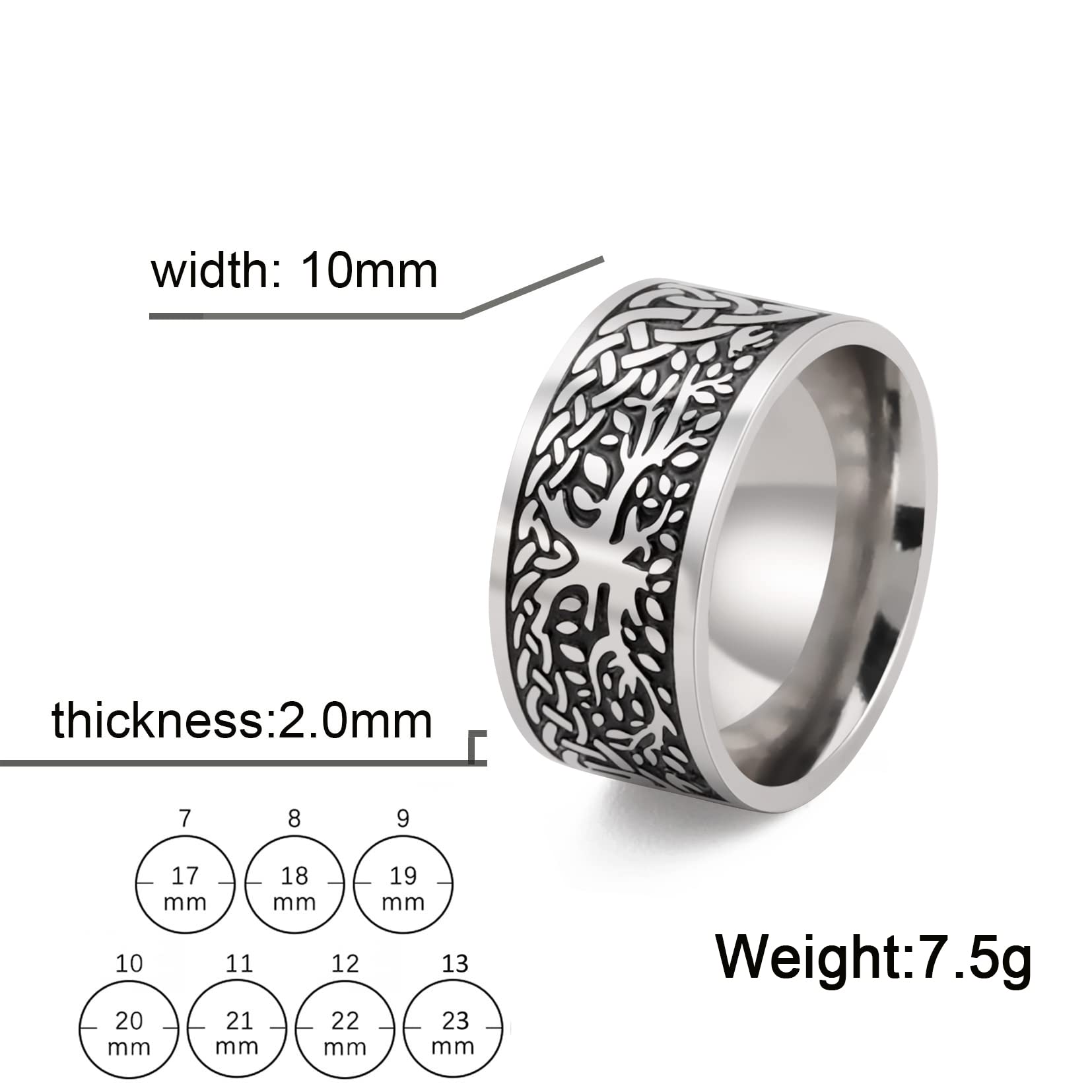 Hipee Celtic Knot Pattern Ring, Stainless Steel Jewelry for Men Women, 10mm Wide, 2mm Thick (Tree of Life, 10)
