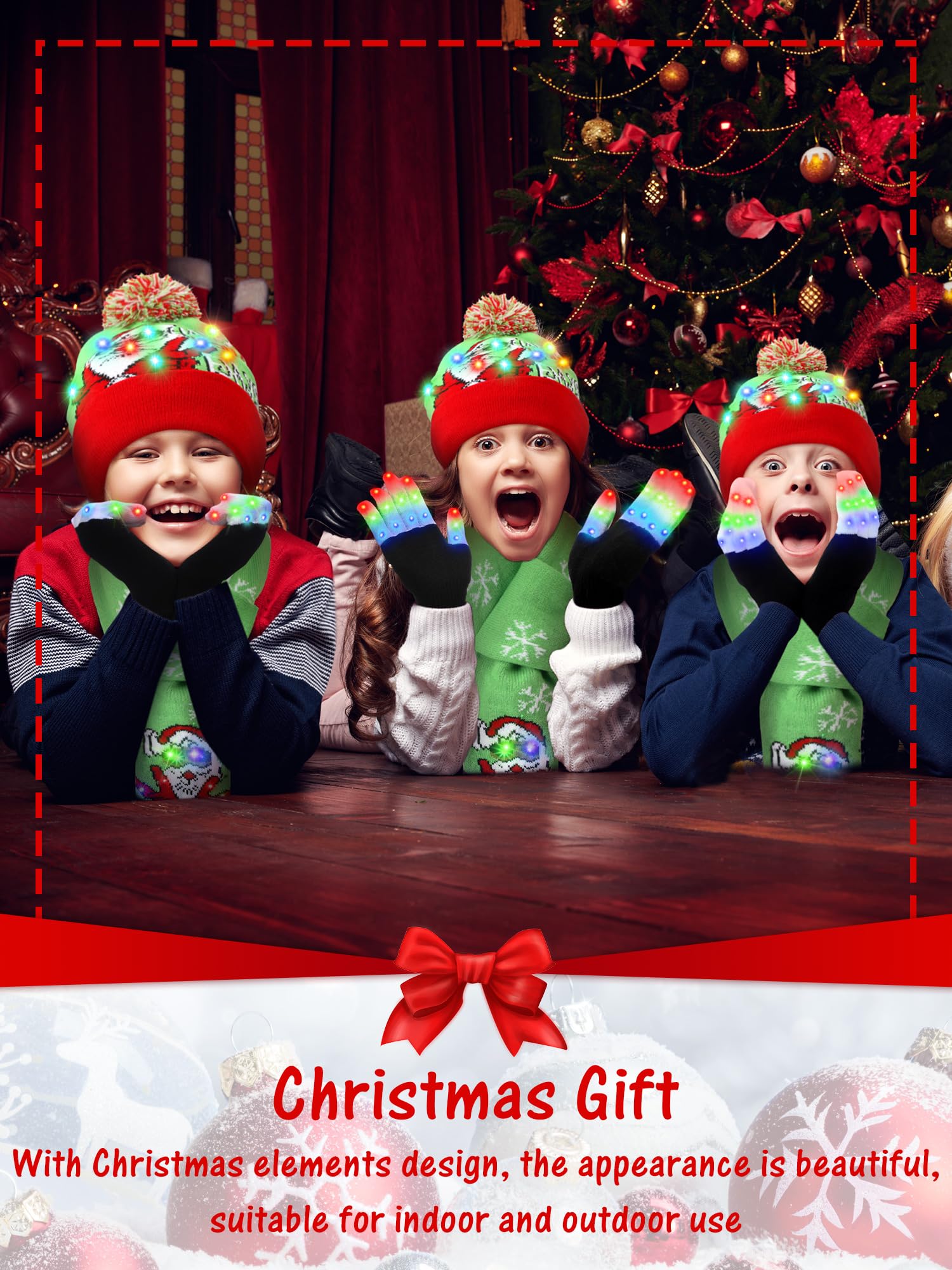Eurzom 3 Pieces LED Light up Christmas Hat Xmas Light up Scarf Gloves Set Holiday Christmas Hat Beanie Knit Cap for Christmas Party (Sunglasses)