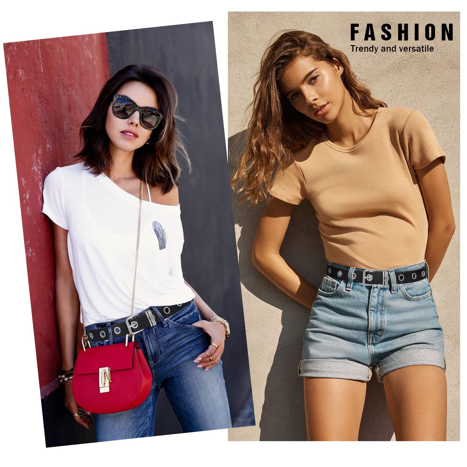 FIORETTO Single Grommet Leather Belt Women Men Punk Rock Waist Belts for Jeans Pants Single Holes Black-Silver