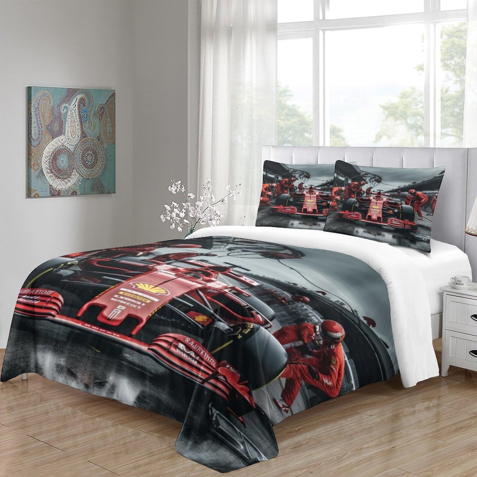 NOLLAM Formula-Racing Racing Cotton Duvet Cover Ivory Various Sizes Quilt Cover Bedding Set Soft & Cozy Percale Weave Contests Comforter Cover with Zipper Closure for Kids Adults Full(203x228cm)