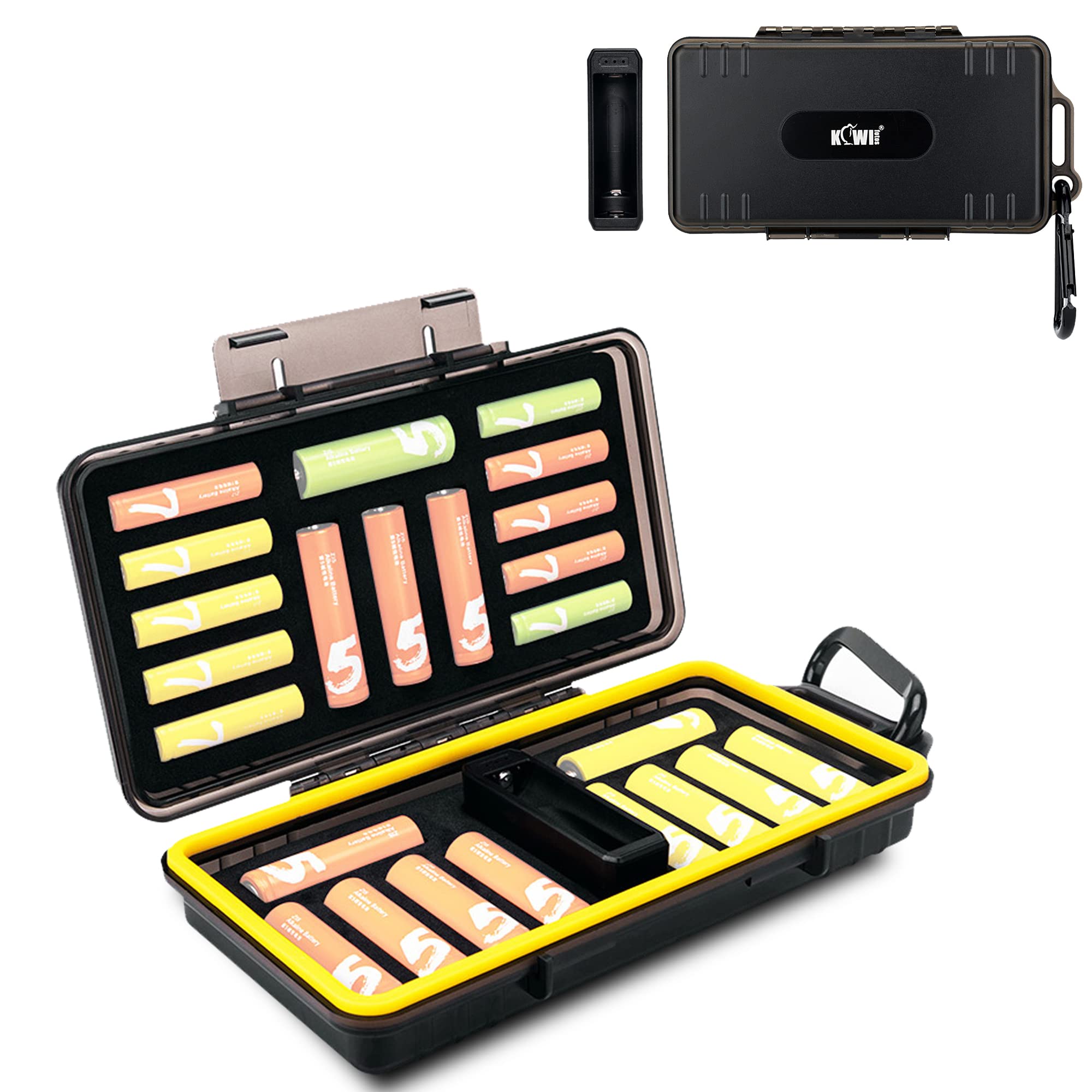 KIWIFOTOS AA AAA Battery Storage Case Holder with Detachable Battery Tester Checker, Hard Shell Battery Organizer Container for 14 Double A & 10 Triple A Battery, Water-Resistant and Shockproof