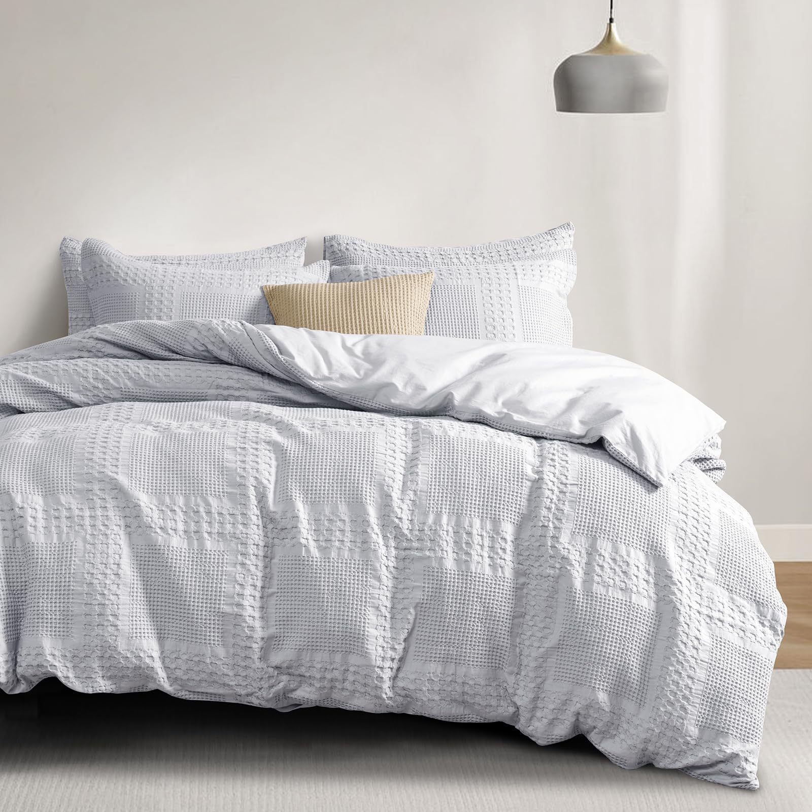 PHF 100% Cotton Waffle Duvet Cover Queen Size, 3 Pieces Soft Breathable Duvet Cover Set for All Season, Pre-Washed Decorative Textured Comforter Cover with 2 Pillow Shams, 90"x92", Light Grey