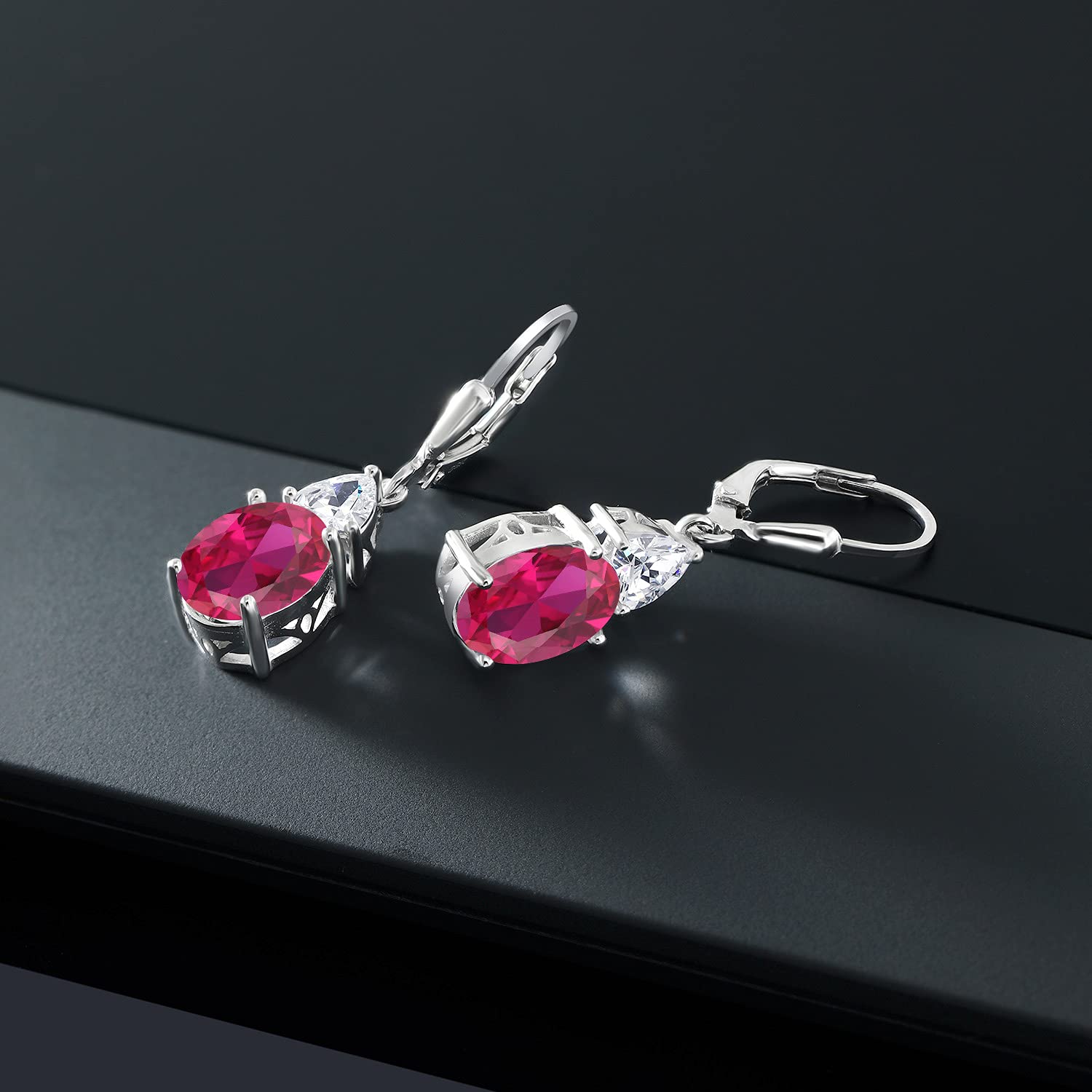 Gem Stone King 925 Sterling Silver Red Created Ruby and White Zirconia Dangle Earrings For Women (5.00 Cttw, Gemstone July Birthstone, Oval 10X8MM, Trillion 5MM)