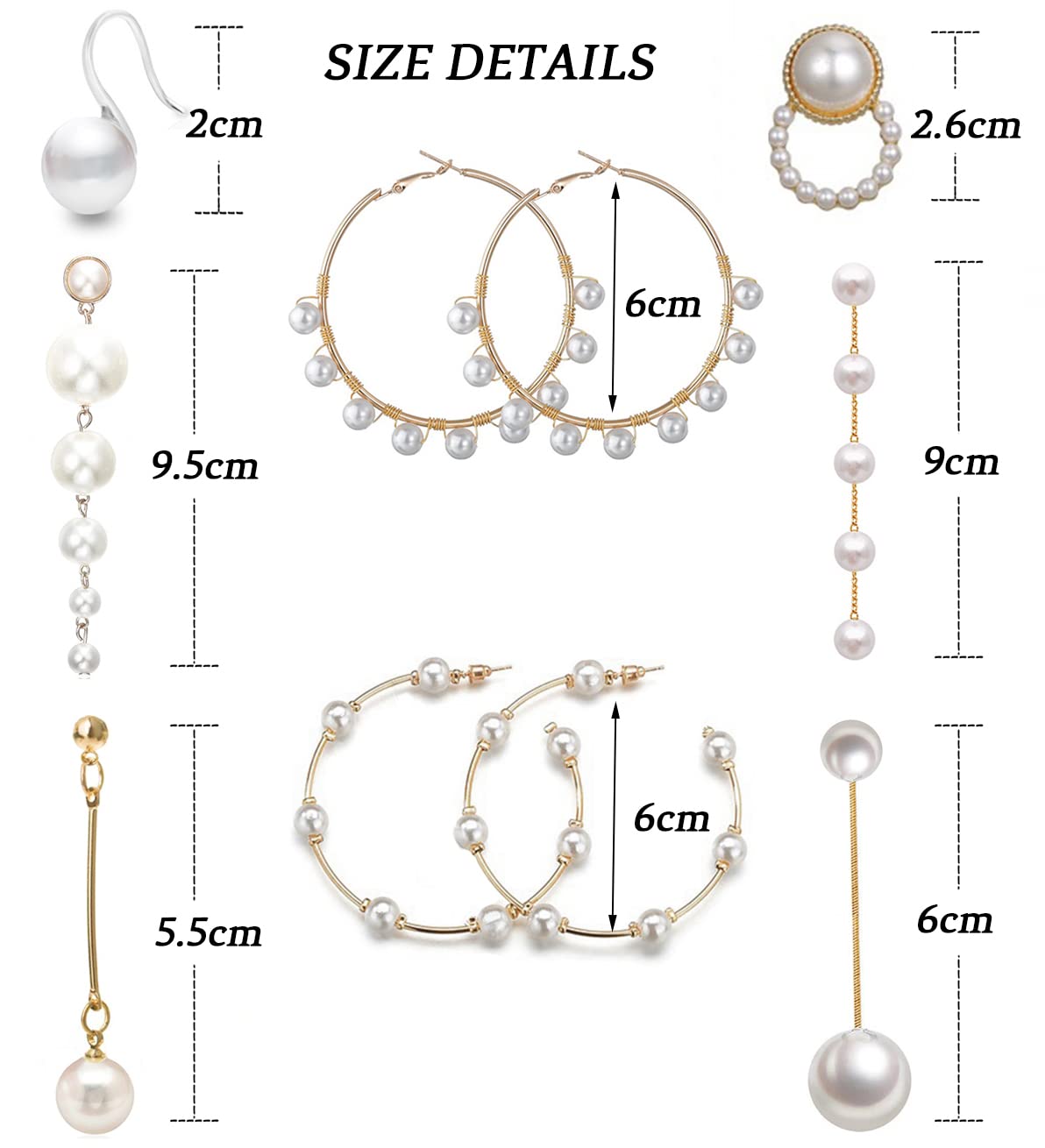 FIRAZIO 8 Pairs Big Simulated Pearl Long Tassel Drop Earrings for Women Double Sided Front Back Pearl Earrings Imitation Pearl Dangle Earrings