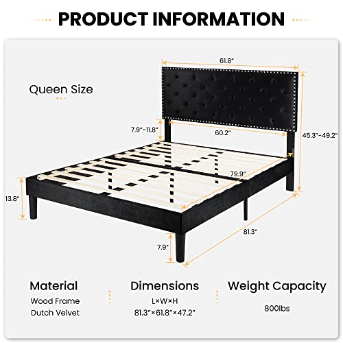 SHA CERLIN Queen Size Velvet Bed Frame, Upholstered Platform Bed with Adjustable Diamond Button Tufted Headboard, Rivet Ornament, Wood Slat Support, No Box Spring Needed, Easy Assembly, Black