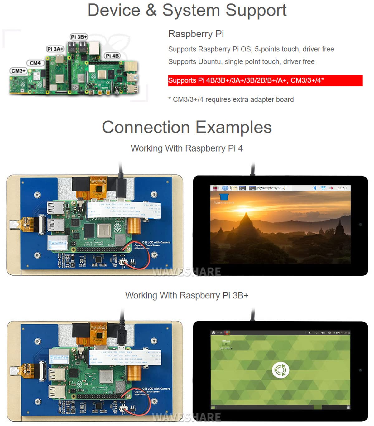 Waveshare 7inch Capacitive Touch Display Compatible with Raspberry Pi 4B/3B+/3A+/3B/2B/B+/A+/CM3/3+/4 with 5MP Front Camera 800×480 Resolution DSI Interface