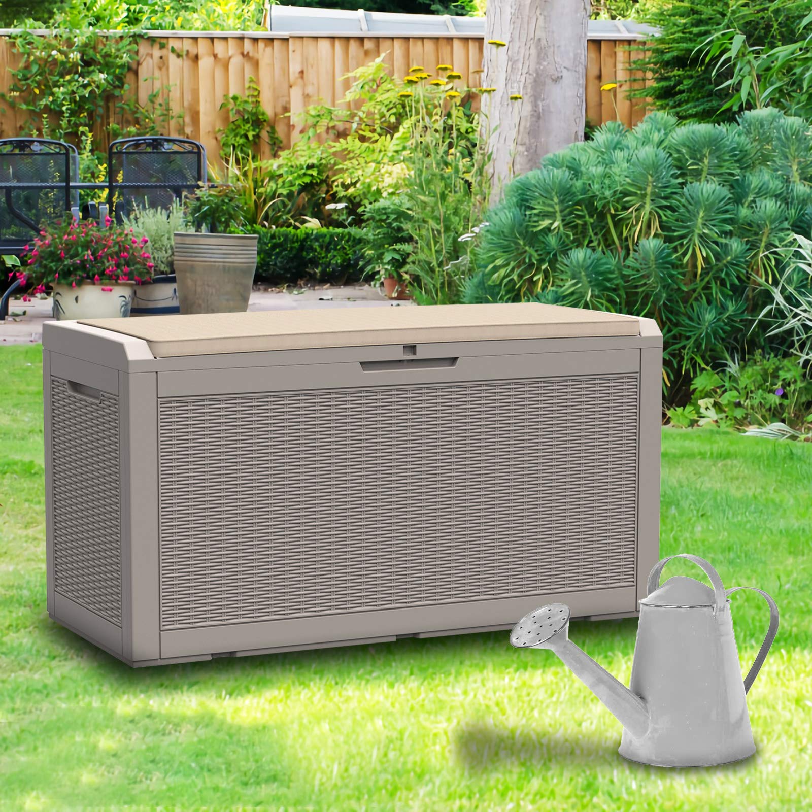 Modern-Depo 100 Gallon Deck Box Waterproof Outdoor Storage Bench Resin Pool Towel Storage Bin Porch Delivery Box with Seat Cushion, Gray