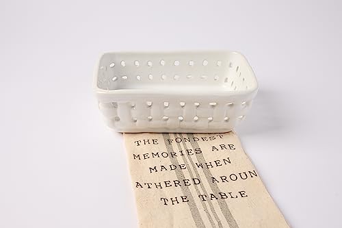 Mud Pie Ceramic Weave Serving Basket, White, basket 6" x 9" | towel 26" x 16 1/2"