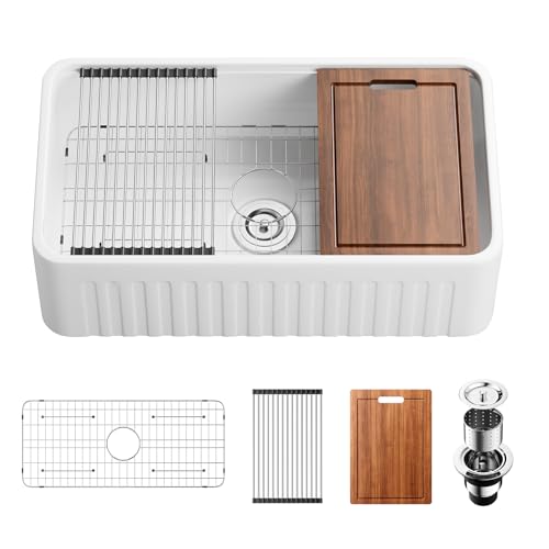 KARAMAG 33 Inch Workstation Farmhouse Kitchen Sink with Accessories, Reversible Apron-Front Single Bowl Kitchen Sink Ceramic White Farm Sinks Undermount For Kitchens