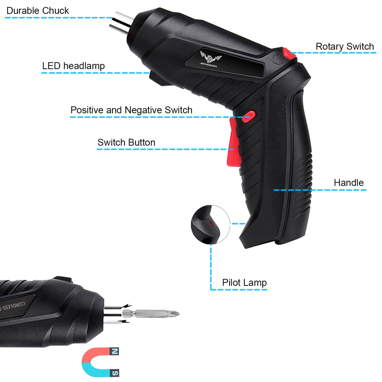 JENABOM 8 in 1 Electric Screwdriver, 3.6V Cordless Drill Screwdriver Rechargeable, 3.5N·m Max Torque Electric Screw Gun with 6 Accessory Kit, Micro USB, Front LED Light, Easy for Small Home Projects
