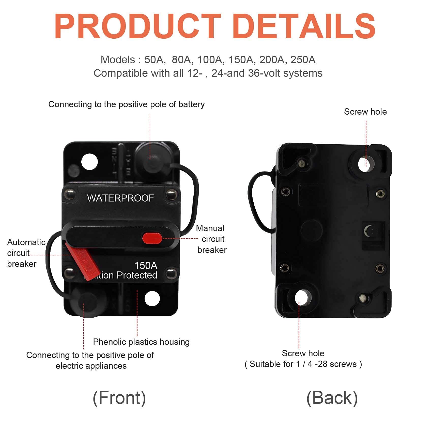 Erayco 150 Amp Circuit Breaker with Manual Reset for Car Marine Trolling Motors Boat ATV Manual Power Protect for Audio System Fuse, 12V-48VDC, Waterproof (150A)