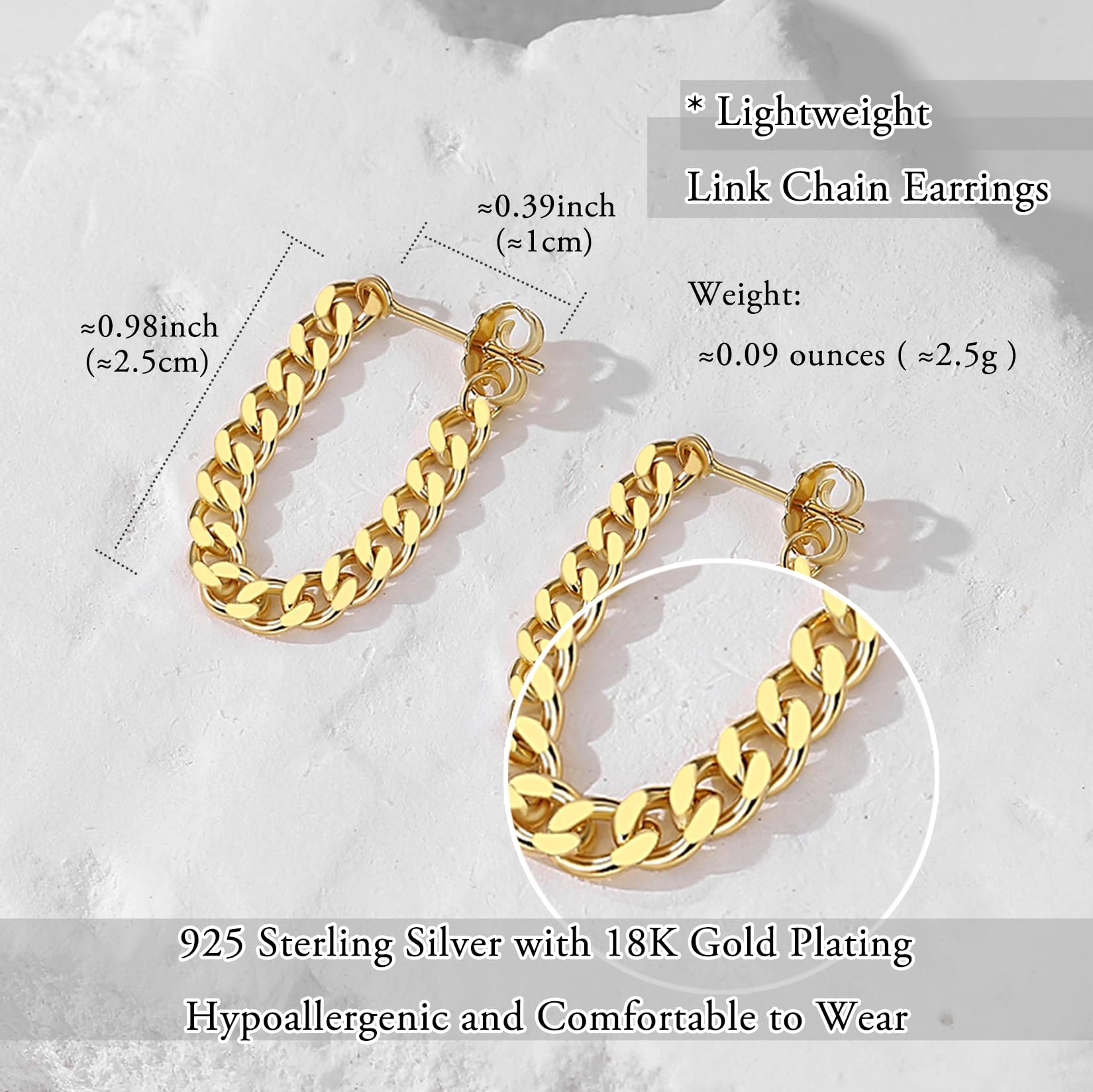 HIUS 925 Sterling Silver Cuban Link Chain Earrings for Women, 18K Gold Plated Dangle Drop Earrings, Statement Women's Chain Jewelry