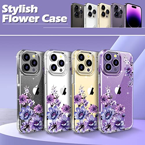 OKP Case [3 in 1] for iPhone 14 Pro, with Screen Protector & Camera Lens Protector, Floral Slim Shockproof Cute Phone Case 6.1 inch 2022 Clear Glitter Protective Cover for Women Girl, (Purple/01)