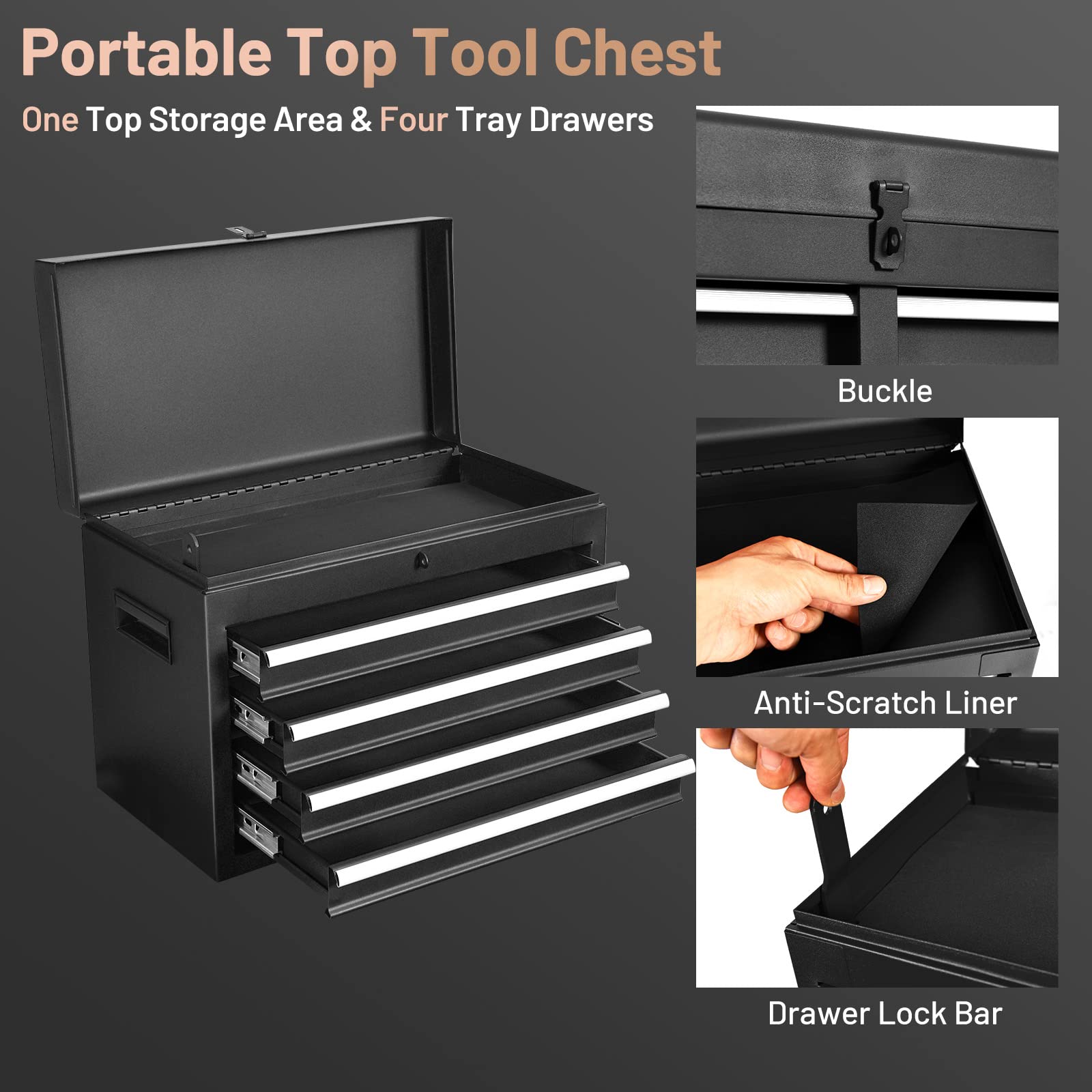 ERGOMASTER Tool Box Rolling Tool Chest 5-Drawer - Upgrade Material for Heavy Duty Lockable Tool-Box & Removable Cabinet - for Garage and Workshop - Black