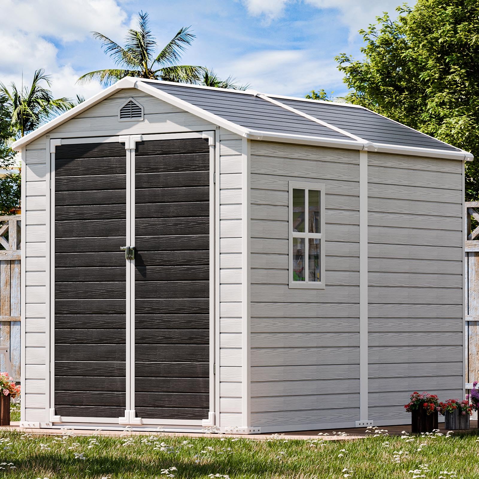 Outdoor Resin Storage Shed 8x6 FT, Plastic Shedswith Floor Window Lockable Door Included, Large Waterproof Outside Sheds Storage for Backyard Garden Patio Lawn Tools, Gray