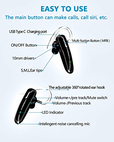 Ybtoo Bluetooth Headset, V5.1 Ultralight Wireless Handsfree Earpiece Cell Phone with Noise Cancellation Microphone for iPhone Android Samsung Laptop Trucker Driver