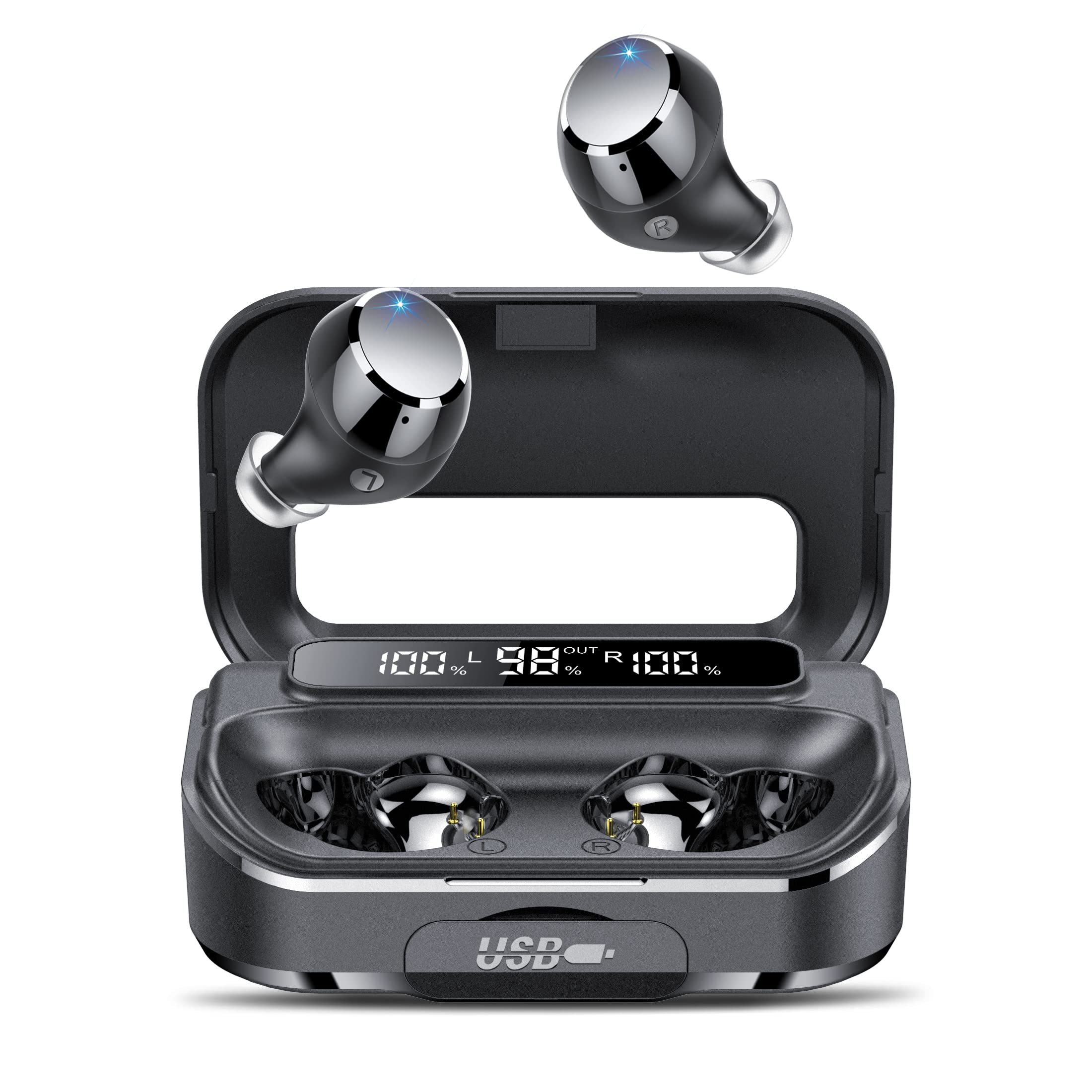 Lekaby Bluetooth 5.3 Headphones, Wireless Earbuds with Digital LED Display 100Hrs Playtime, IPX7 Waterproof Wireless Headphones Built-in Mic, Wireless Earphones for Gym/Work/Home, Black