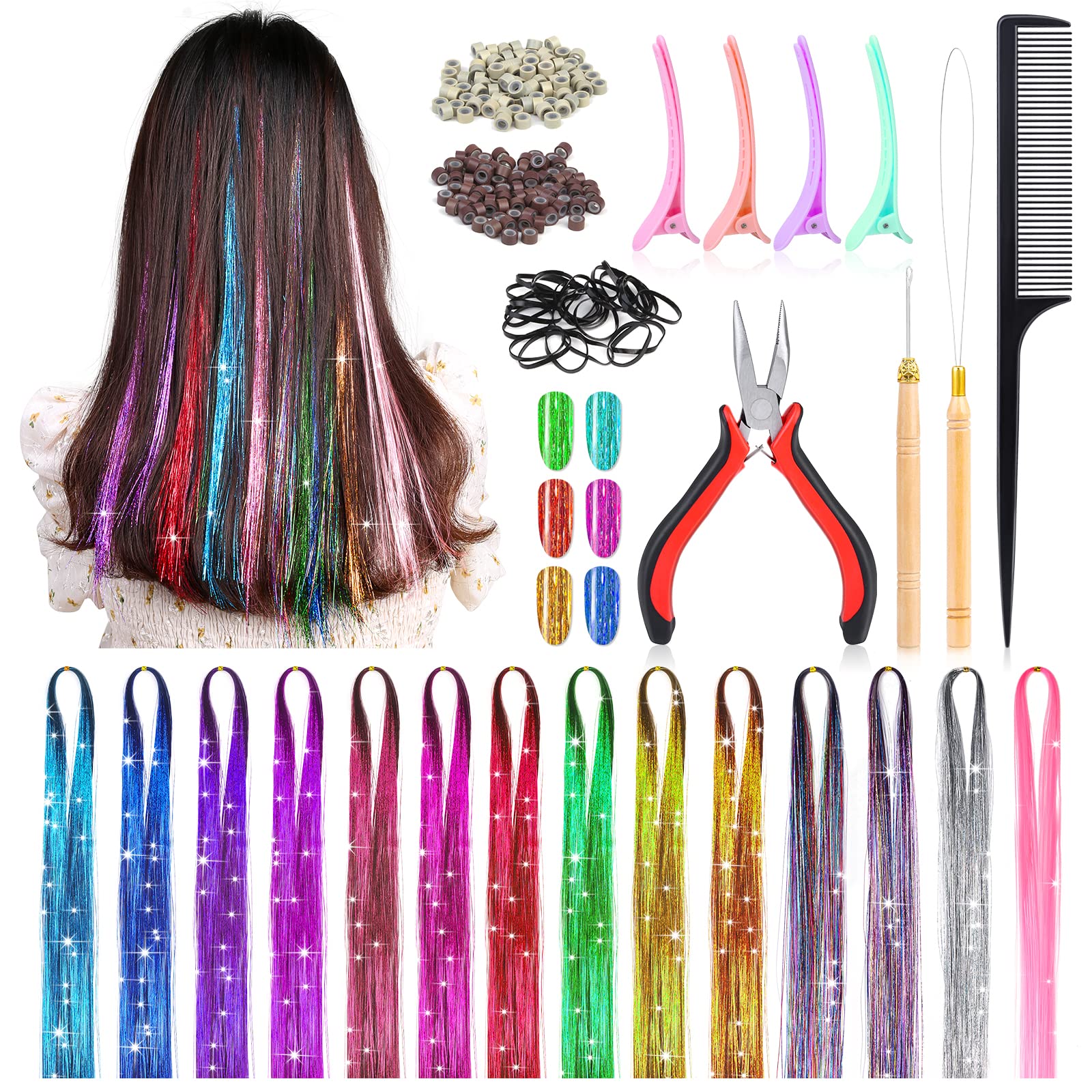 Mckanti 14 Colors Hair Tinsel Kit with Tool, 47 inch 2800 Strands Extensions for Women Girls, Fairy Glitter Sparkling Shiny Colorful Synthetic Party Daily Life Fashion