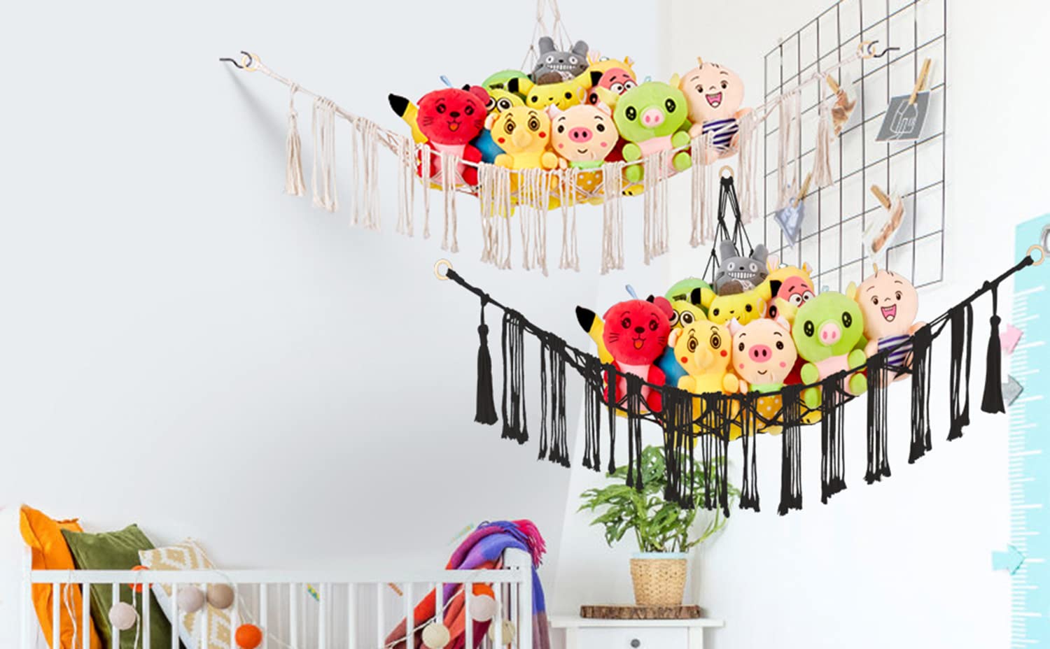 HZIYOU Hanging Corner Net for Stuffed Animals Storage, Stuffed Animal Hammock Holder with Hooks for Hanging, Toy Organizer for Bedroom Nursery Crib Kindergarten (Black)