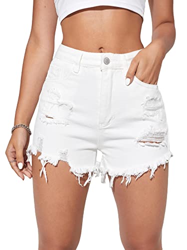 WDIRARA Women's Mid Rise Raw Hem Distressed Ripped Casual Denim Shorts Snow White M