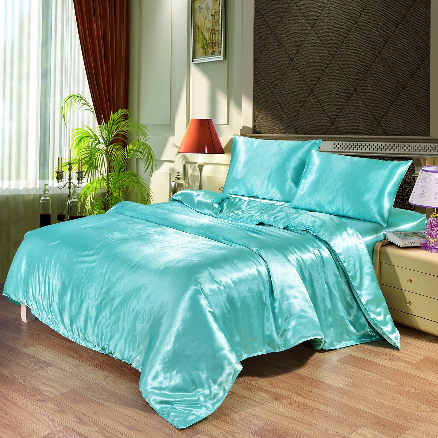 Vagasi Blue Duvet Cover Set Queen Size 3 Pieces - Comforter Cover Super Soft with 2 Pillow Shams - Satin Bedding Set Breathable & Smooth with Zipper Closure