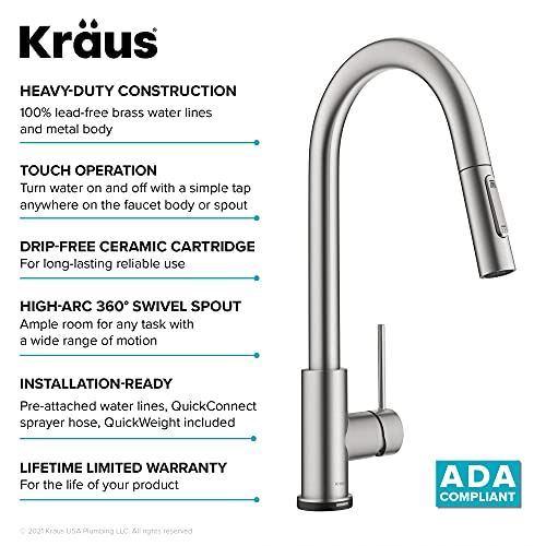 Kraus KTF-3104SFS Oletto Contemporary Single-Handle Touch Kitchen Sink Faucet with Pull Down Sprayer, 16 5/8 Inch, Spot Free Stain
