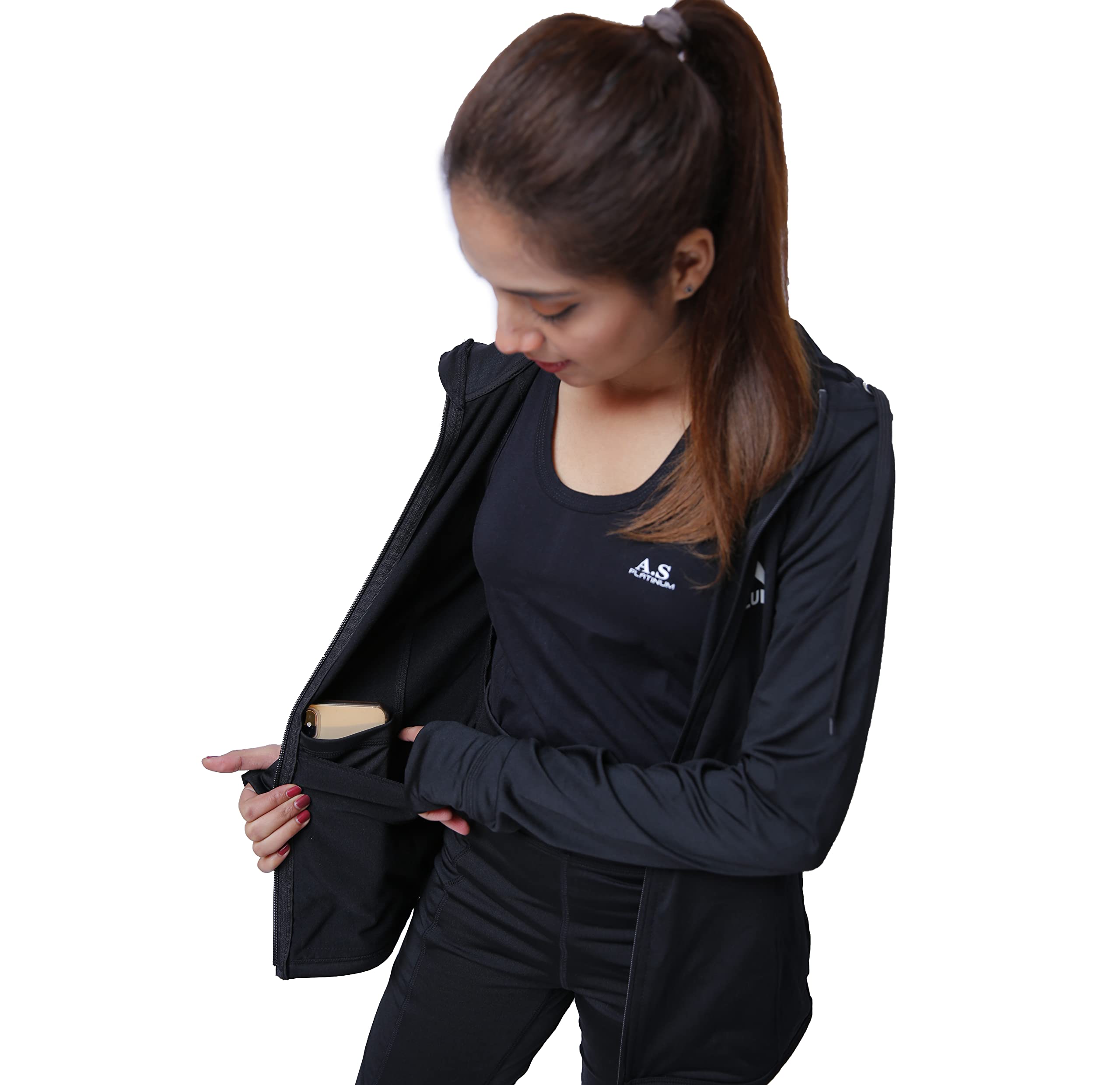 GOZUP Workout Jackets for Women - Full Zip Lightweight Quick Dry Hooded Black
