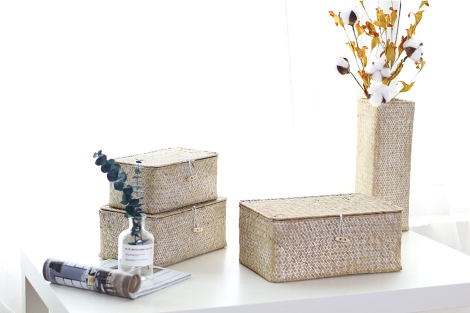 HAPYFURN Seagrass Handmade Woven Storage Basket with Lid Rectangular Natural Rattan Box for Toys Clothes Books Keys Multifunctional Makeup Organizer Set of 3 Shelf Basket