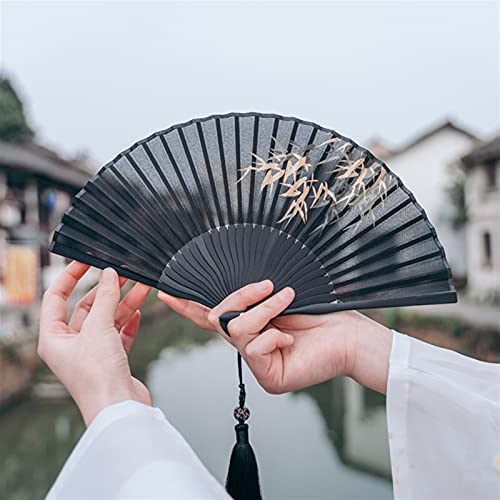 HTian Small Black Folding Fans, Chinese Bamboo Leaf Pattern Hand Fan Folded Purse Hand Fan with Fabric Sleeve and Tassel, for Women