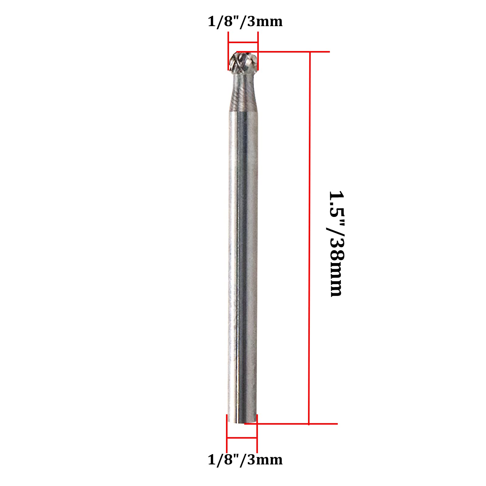 Rannb Double Cutting Carbide Rotary Burr Bits 1/8" Shank Dia 1/8" Head Dia Ball Shape Grinding Bit for Wood Carving Engraving Polishing - 10pcs