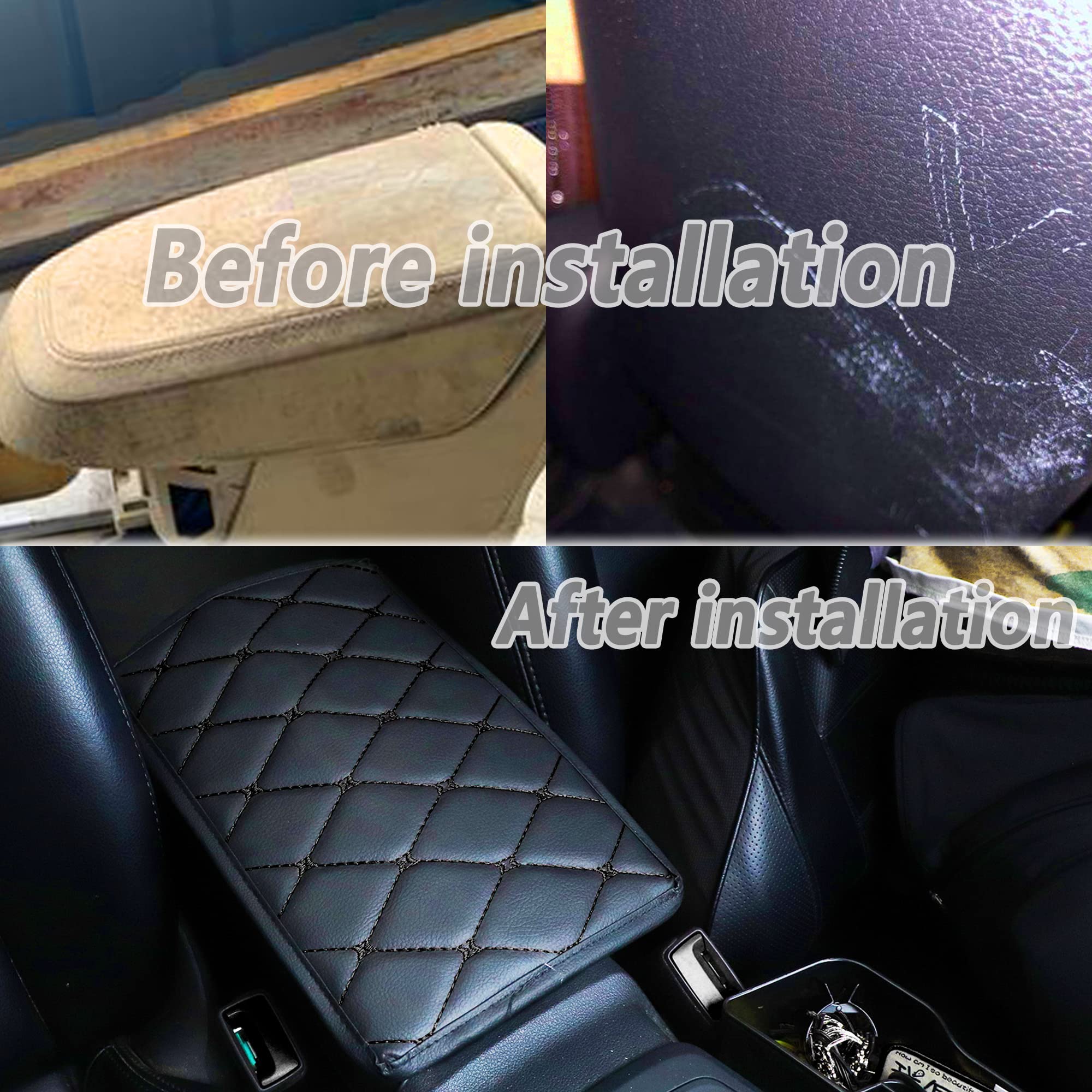 Four-Season Universal Leather Car Center Console Cover with Check Design Car Interior Accessories,Comfortable Center Armrest Pad,Prevents Scratches on Center Console for Truck,Car,SUV (Black)