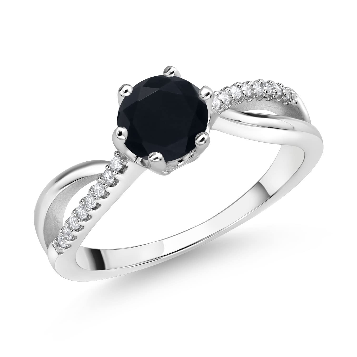 Gem Stone King 925 Sterling Silver Round Onyx and White Moissanite Ring For Women (0.88 Cttw, Gemstone Birthstone, Available In Size 5, 6, 7, 8, 9)