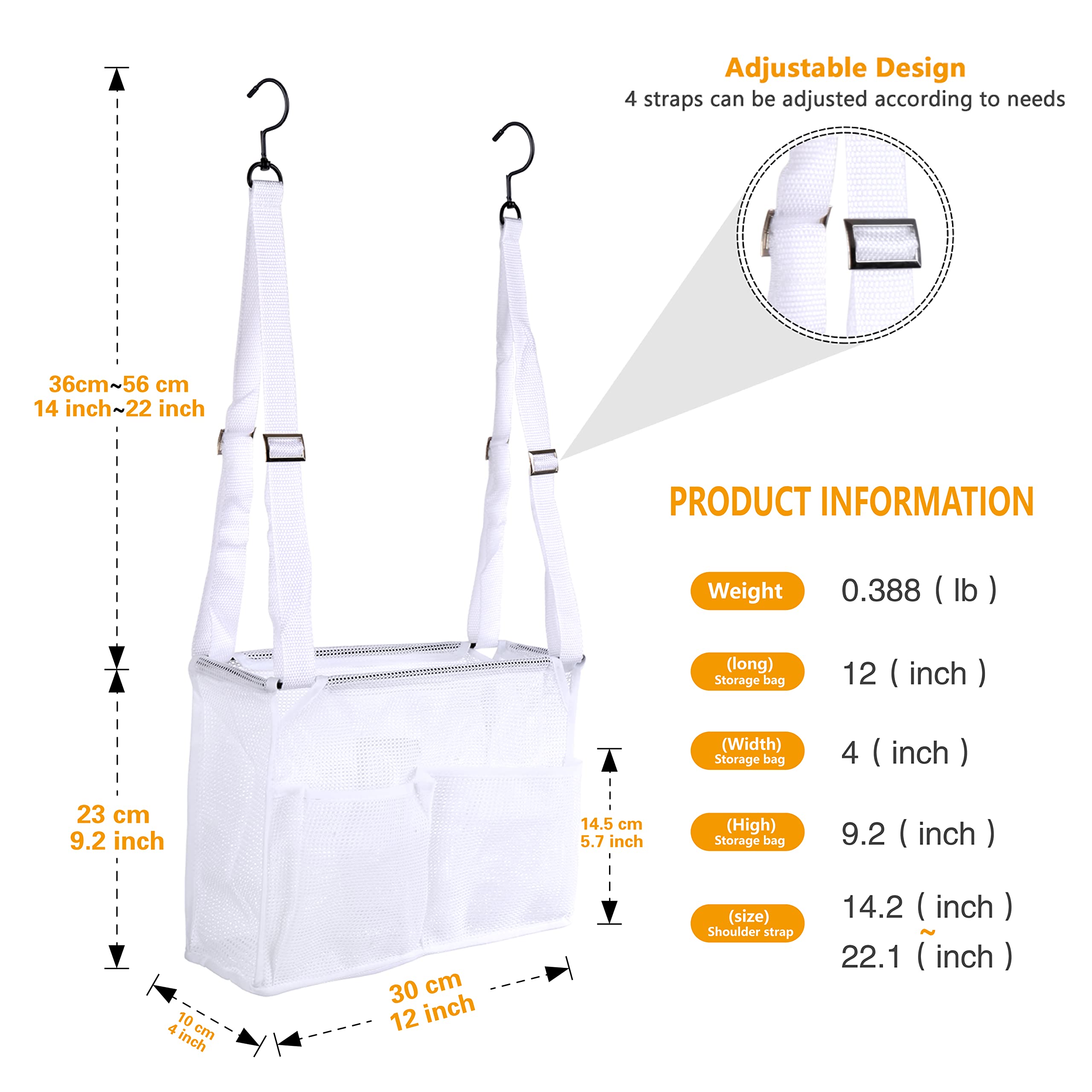 Phying Hanging Mesh Shower Caddy College with Hooks, Bath Baskets Organizer Storage with 4 Pockets for College Dorm Rooms, Gym, Swimming and Travel